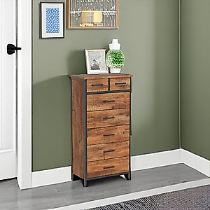 IKENO 7 Drawer Tall Dresser, Industrial Wood Storage Clothes Organizer, Sturdy Steel Frame for Bedroom