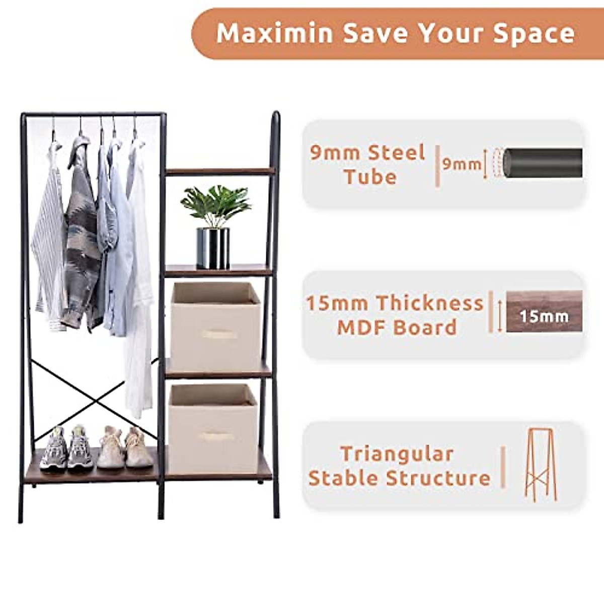 YOUDENOVA Clothing Rack with Bottom Shelve, Industrial Garment Rack with 3 Mesh Shelves, Freestanding Closet Heavy Duty with 2 Fabric Storage Boxes