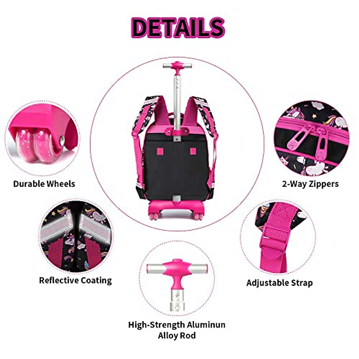 Unicorn Backpacks Trolley Bag Set for Girls, Primary School Bag Wheeled Backpack with Lunch Bag Pencil case Ideal for 1-6 Grade Students