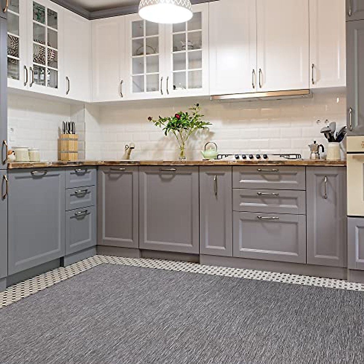 Machine Washable Tonal Design Jute Back 5x7 Reversible Indoor/Outdoor Area Rug for Patio, Living Room, Bedroom, Office, Dining Room, 5'3" x 6'11", Gray