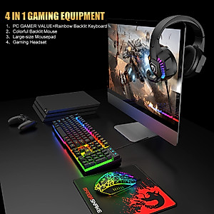 Wired Gaming Keyboard and Mouse Headset Combo,Rainbow LED Backlit Wired Keyboard,Over Ear Headphone with Mic,Rainbow Backlit Gaming Mice,Mouse Pad,for PC,Laptop,Mac,PS4,Xbox(Black)