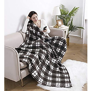 ELLE HOME Oversized Sherpa Throw - Soft Warm Flannel Fleece Blanket, for Bed and Couch - Oversized Throw 50" X 70", Black and White Plaid