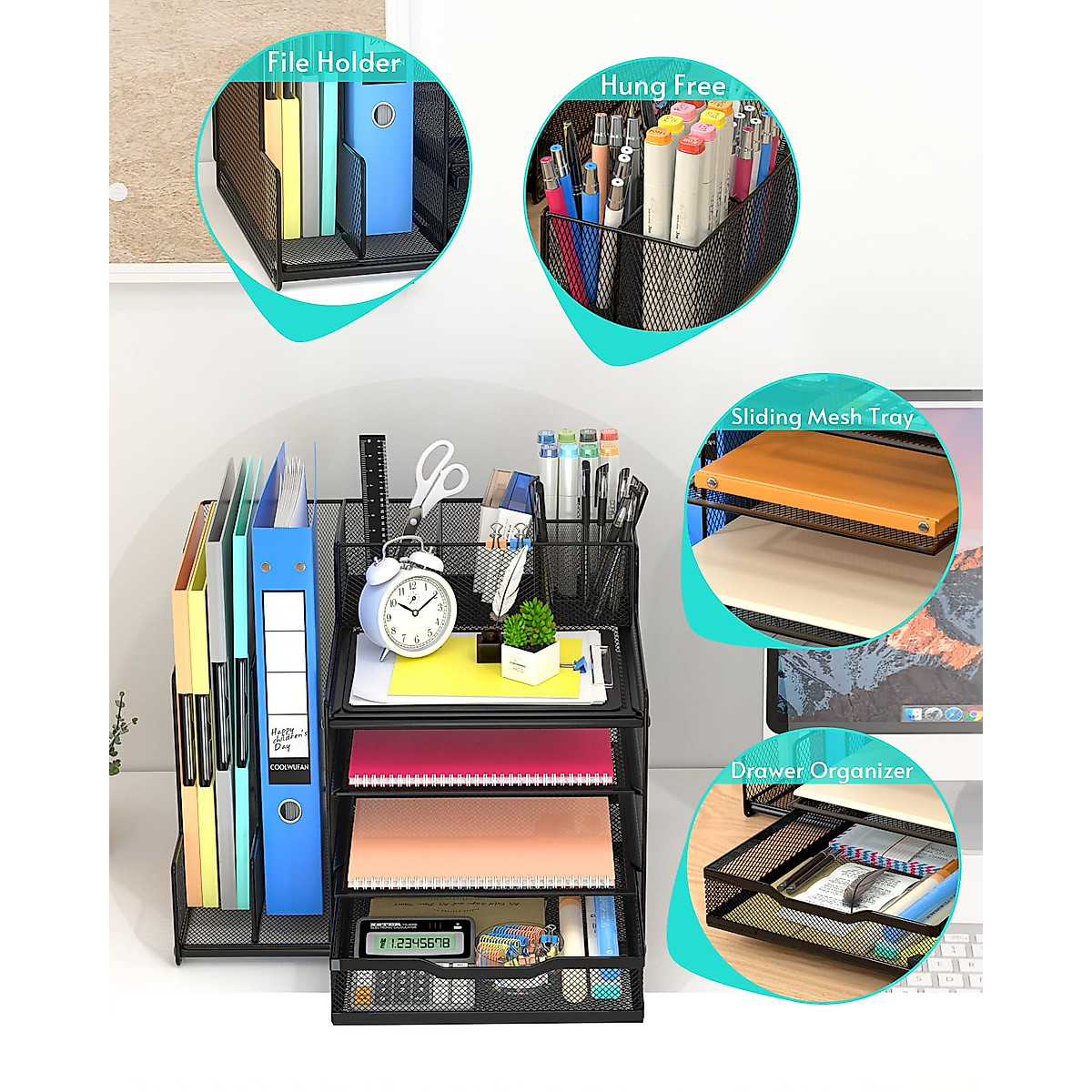VIVSOL Desk Organizer with Mesh File Holder, 4-Tier Office Supplies Desk Organizers and Accessories with Sliding Drawers, 3 Trays & Pen Holder, Desk File Organizer and Storage for Office, School, Home