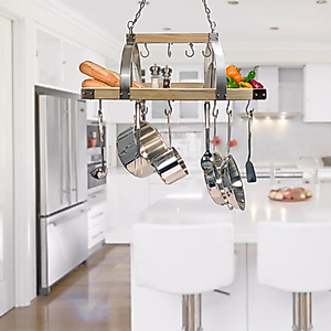 Elegant Designs PR1001-WOD 2 Light Kitchen Wood Pot Rack with Downlights, Wood with Brushed Nickel Accents