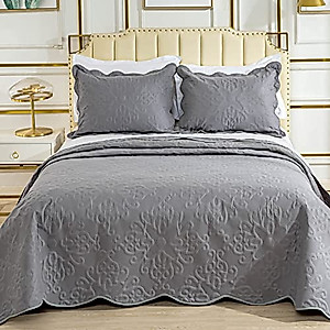 Oversized King Bedspreads 128x120 for Extra Tall King/California King Bed Lightweight Quilted Coverlet Set 3 Pieces 1 Quilt 2 Pillow Shams Gray