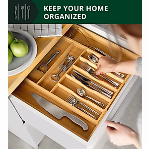 Luxury Bamboo Kitchen Drawer Organizer - Silverware Organizer - Utensil Holder and Cutlery Tray with Grooved Drawer Dividers for Flatware and Kitchen Utensils (9 Slot, Natural)