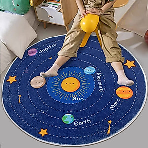 Solar System Kids Area Rug Nursery Rug Educational Galaxy Mat Learning Soft Carpet Non Skid Crawling Play Rug Boys Activity Mat for Toddler Bedroom Playroom (Round 31.5'' Blue)