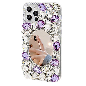 Crystal Mirror Case for iPhone 13 Pro,Luxury Sparkle Bling 3D Diamond Rhinestone Phone Case Women Girls Makeup MOIKY Clear Slim Shockproof TPU Bumper Protective Cover for iPhone 13 Pro(White+Purple)