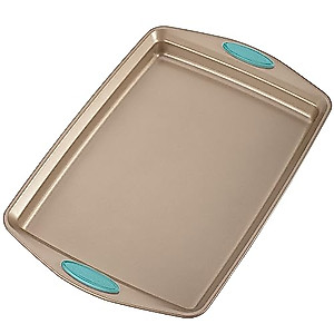 Rachael Ray Cucina Bakeware Set Includes Nonstick Bread Baking Cookie Sheet and Cake Pans, 5 Piece, Latte Brown with Agave Blue Grips