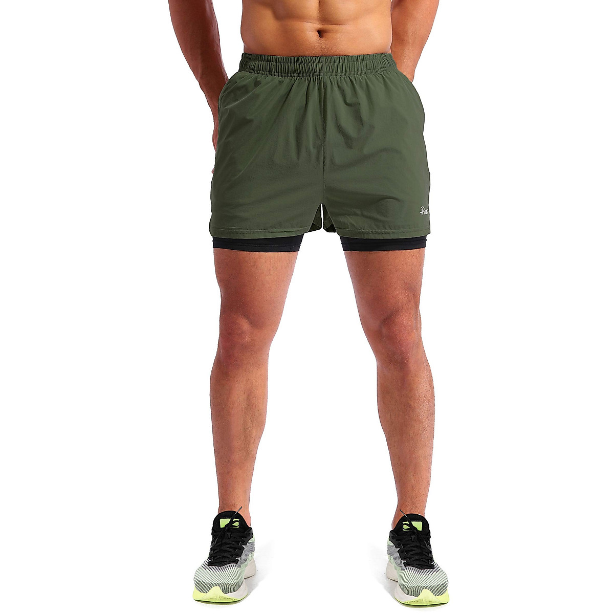 Pudolla Men’s 2 in 1 Running Shorts 5" Quick Dry Gym Athletic Workout Shorts for Men with Phone Pockets(Dark Green Small)