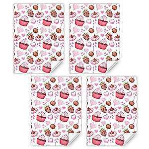 Cupcake Strawberry Doughnuts Heart Printed Gift Wrapping Paper, Sweet Dessert Birthday Gfit Wrap Paper Folded Flat with 1 Roll Pink Ribbon for Baby Shower Party Holiday Kids Girls Boys Gift Wrap Set