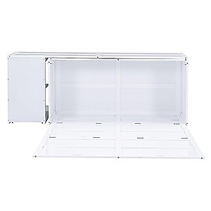 VKKILPEE Queen Size Murphy Bed with Rotatable Desk, 3 in 1 Floor Bed Frame with Cabinet & Workstation, for Small Room Living Room Bedroom, Solid Wood Construction, No Box Spring Required, White