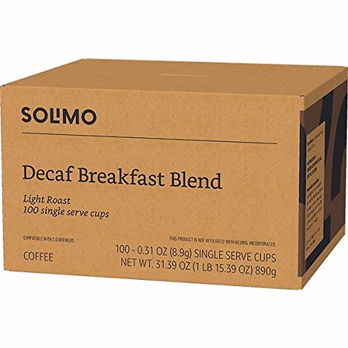 Amazon Brand Solimo Decaf Light Roast Coffee Pods, Breakfast Blend, Compatible with Keurig 2.0 K-Cup Brewers,100 Count (Pack of 1)