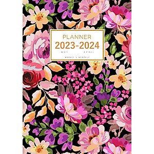 Planner 2023-2024: A4 Weekly and Monthly Organizer from May 2023 to April 2024 | Painted Colorful Flower Design Black