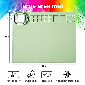 AWOKE Silicone Painting Mat - 20"X16" Silicone Art Mat with 1 Water Cup for Kids - Silcone Craft Mat has12 Color Dividers - 2 Paint Dividers (Green)