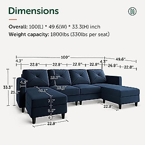HONBAY Velvet Sectional Sofa with Chaise U Shaped Sectional Couch 4 Seat Sofa for Living Room, Dark Blue
