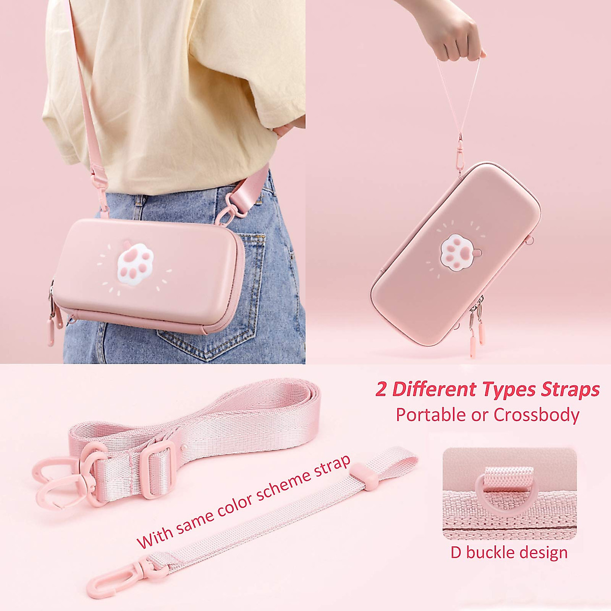 Carrying Case for Nintendo Switch & Switch OLED Portable Travel Bag - Cute Paw Ice Cream Ultra Slim Hard Protective Storage Cover Accessories - with 8 Game Cards Slot & Removable Strap & 4 Thumb Grip