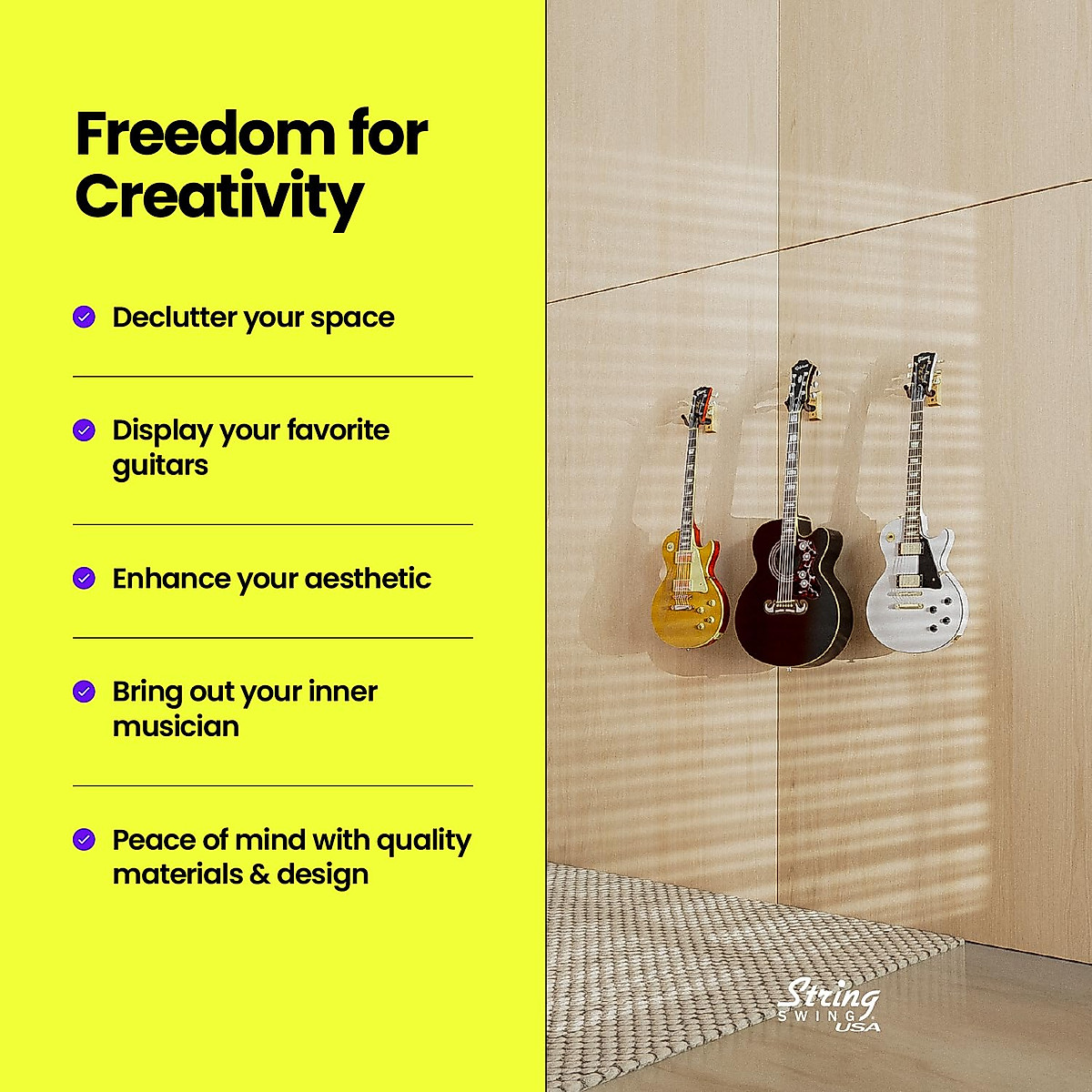 String Swing Guitar Wall Mount, Guitar Hanger, Wall Guitar Mount, Guitar Holder Hook for Wall, Fits All Size Guitars, Acoustic, Electric, Bass, Ash Hardwood - Made in USA