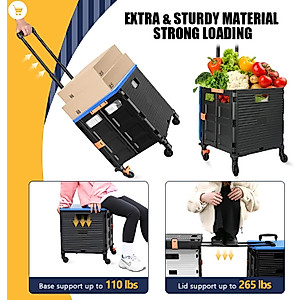 Foldable Utility Cart Folding Portable Rolling Crate Handcart Handcart Shopping Trolley Wheel Box with Lid,360°Rotate Wheels,Heavy Duty Durable Dolly Cart for Teacher Tourist Shopping Office Outdoor