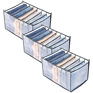 Topcci 7 Grids Wardrobe Clothes Organizer, Clothes Organizer for Folded Clothes, Drawer Organizers Clothes, Visualization Compartment Storage Box for Thin Jeans, Pants, T-shirts, Leggings, Gray, 3PCS