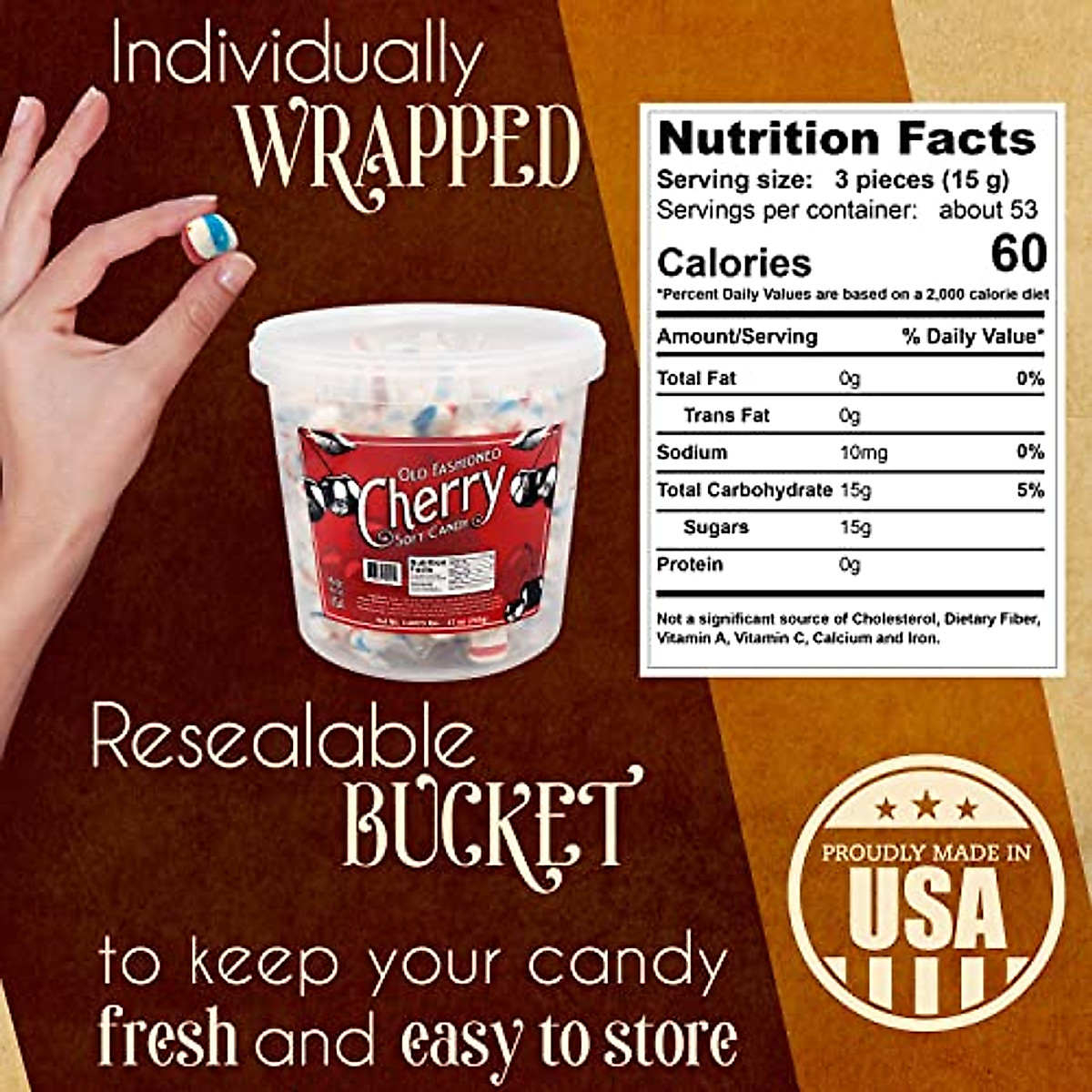 Stewart Old Fashioned Cherry Flavored Pure Sugar Candy Puff Balls - Individually Wrapped Candy Snack, Fat-Free, Cholesterol-Free, Gluten-Free, Made in the USA - 27oz Tub