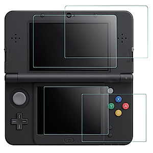 Screen Protector Compatible Nintendo New 3DS, AFUNTA 2 Pack (4 Pcs) Tempered Glass for Top Screen and HD Clear PET Film for Bottom Screen Accessory