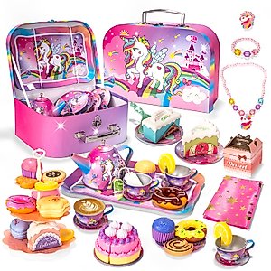 Unicorn Tea Party Set for Little Girls, Toddlers Princess Toy Tea Set, Pretend Play Teapot Dessert Tea Cup Set Food Kitchen Playset, Birthday Unicorn Gifts for 3 4 5 6 7 8 Year Old Girls