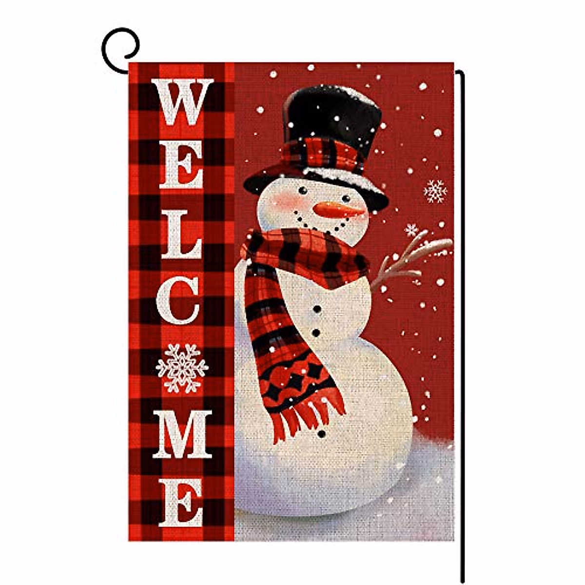 Welcome Christmas Garden Flag Double Sided Snowman with Buffalo Plaid Scarf Garden Flag, Winter Christmas Rustic Yard Outdoor Decoration 12.5 x 18 Inch