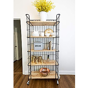 Creative Co-Op 5 Tier Wood Shelves with Metal Frame & Caster Wheels
