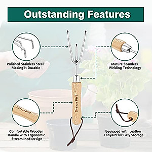 Berry&Bird Garden Hand Cultivator, Stainless Steel Handheld Triple Claw Hand Rake with Ergonomic Wooden Handle and Leather Strap, Heavy Duty Garden Tilling Tool for Weeding, Turning Soil, Cultivating