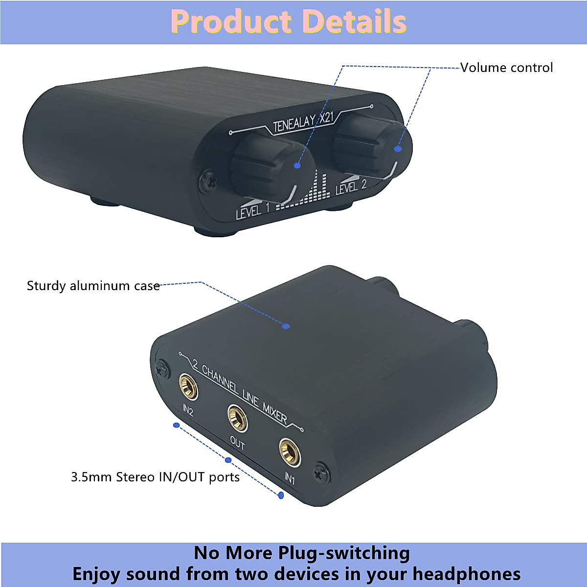 TENEALAY 2 Way Audio mixer 3.5mm Un-powered mixer, 2 to 1 Stereo aux 3.5mm line levels control Box mini passive mixer X21