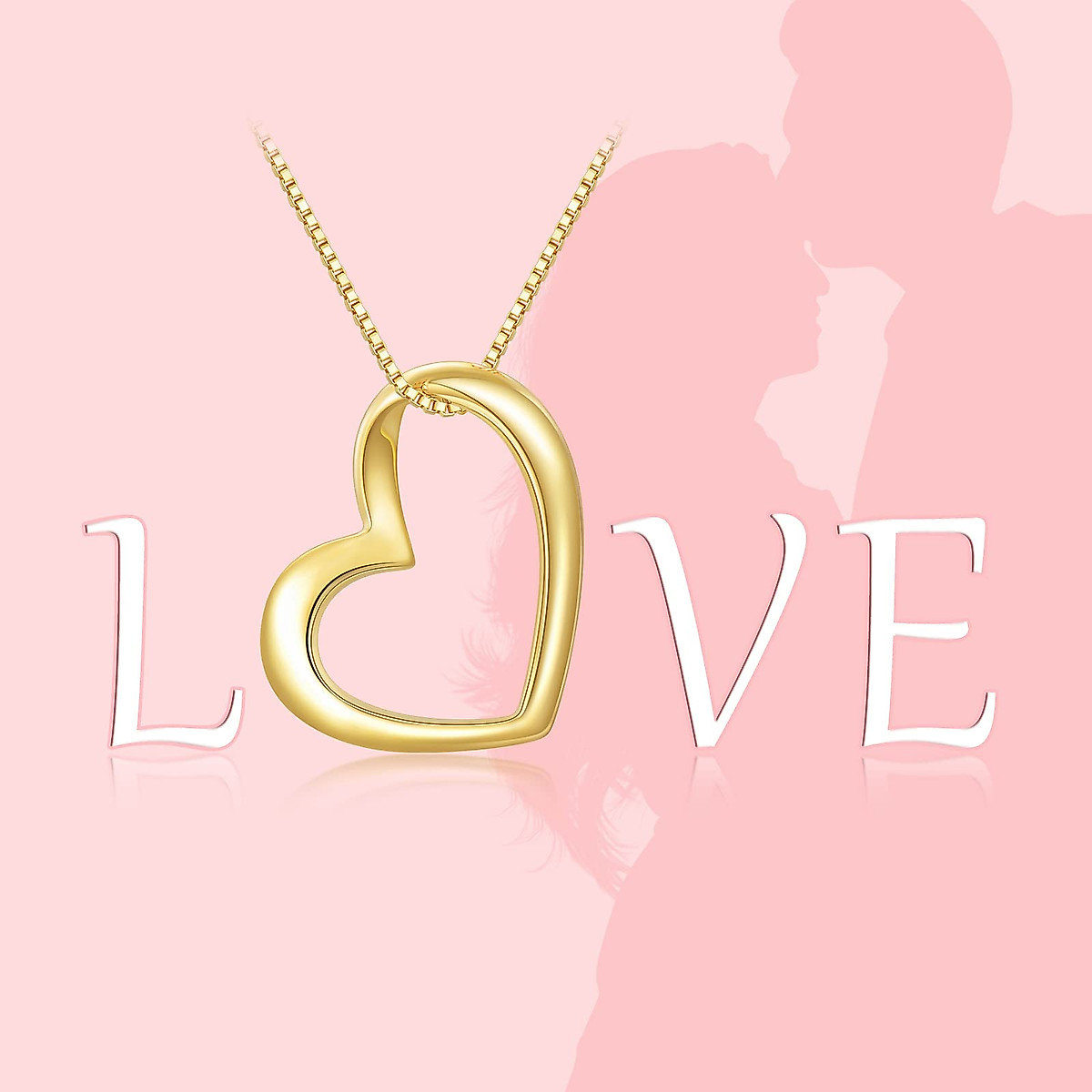 SISGEM 14k Gold Open Heart Necklace for Women, Real Gold Love Pendant and Box Chain Jewelry for Wife, Gifts for Her, 18 Inch