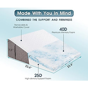 LOSKIA 7.5" Wedge Pillow for Acid Reflux Relief/Seniors, Wedge for Bed to Elevate Head, Acid Reflux Pillow, with Memory Foam Top Bed Wedge Pillow for Sleeping,Reading,Rest,Leg Elevation