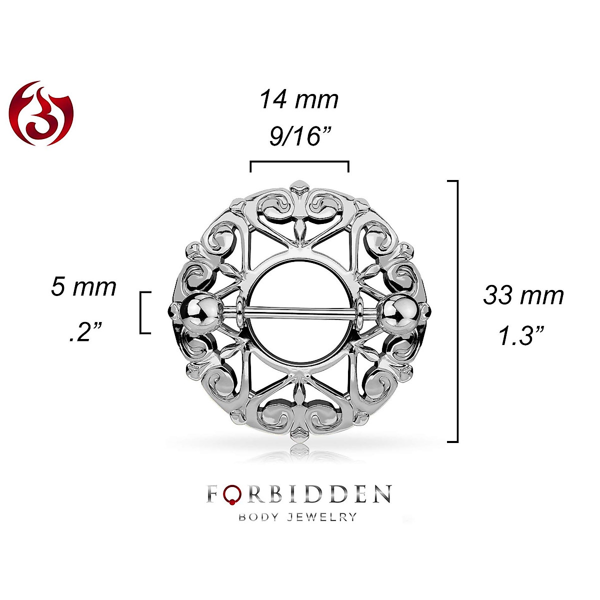 Forbidden Body Jewelry Pair of Surgical Steel Sexy Heart Nipple Piercing Shields, 9/16 Inch Barbells, Silver Tone