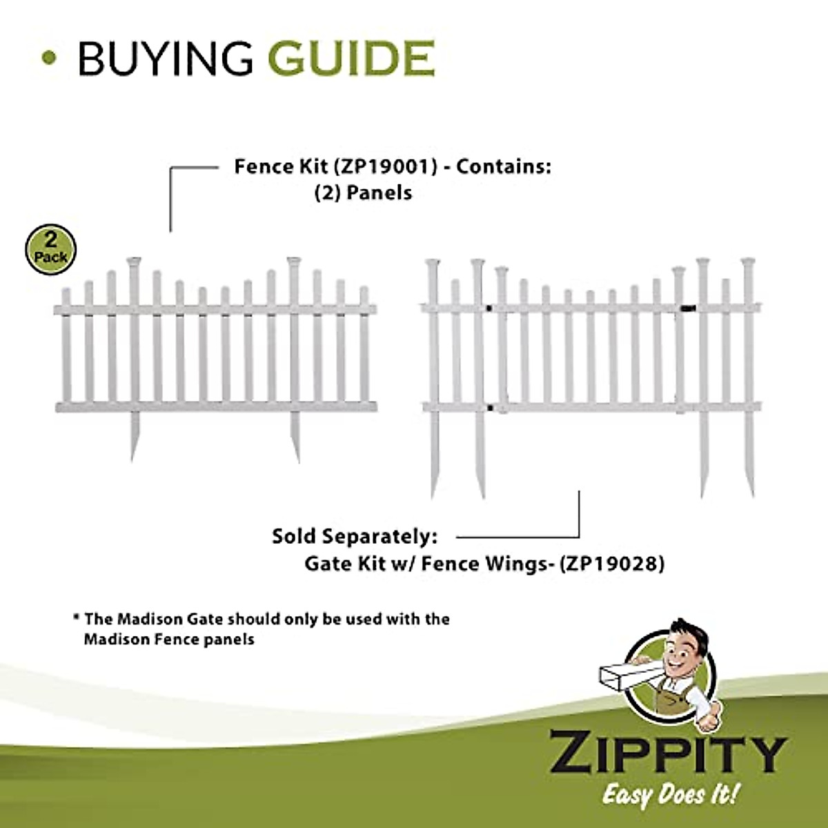Zippity Outdoor Products ZP19001 No Dig Madison Vinyl Picket Fence, White, 30" x 56.5" (1 Box, 2 Panels), 1 x Pack of 2