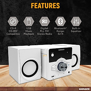 Magnavox MM442 3-Piece Top Loading CD Shelf System with Digital PLL FM Stereo Radio, Bluetooth Wireless Technology, and Remote Control in Black | Blue Lights | LED Display (White)