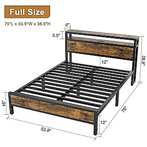 Pliwier Full Bed Frame with Charging Station Headboard, Platform Bed with 2-Tier Storage Shelf, Strong Support Legs, Noise-Free, No Box Spring Needed, Easy Assembly
