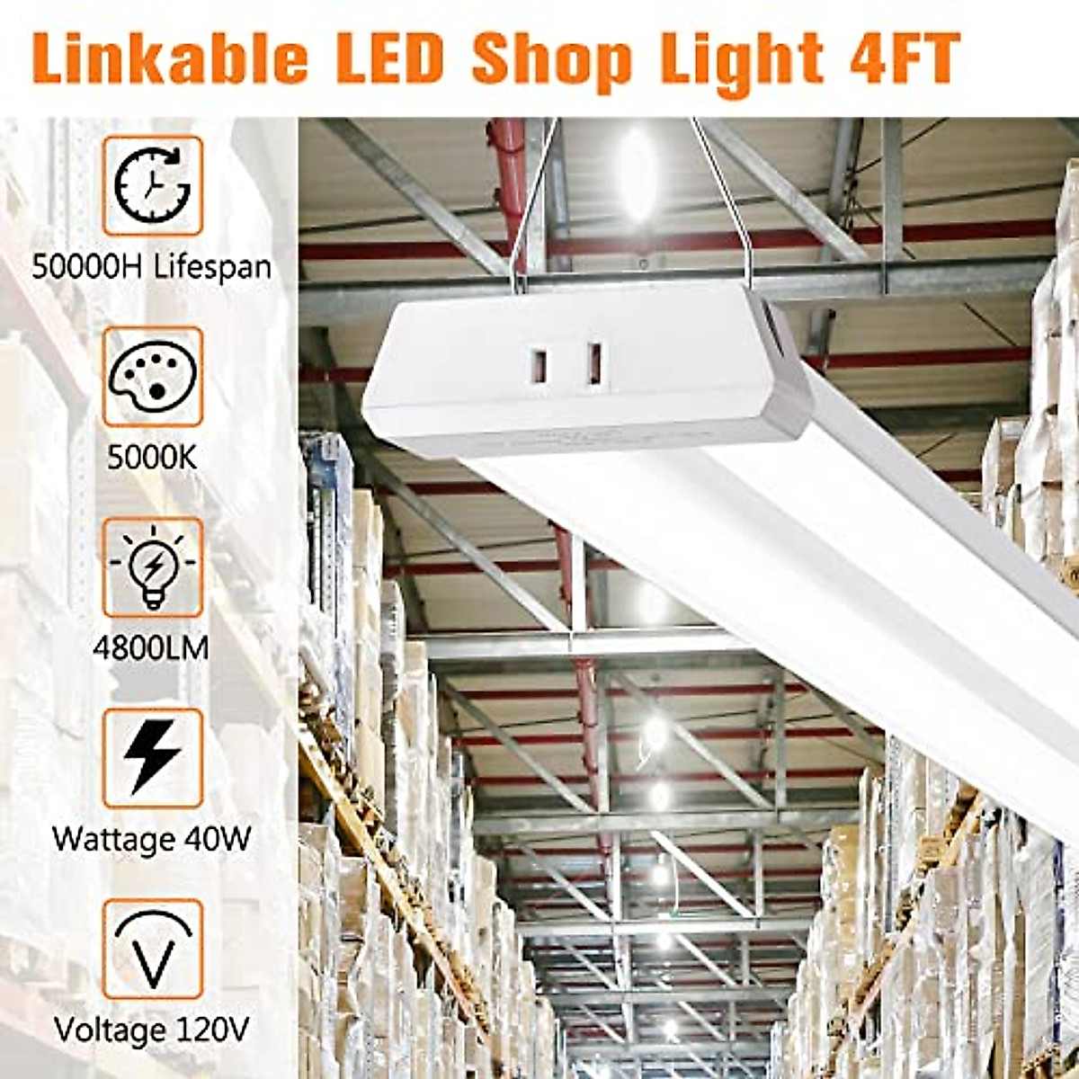4Pack 4FT Linkable LED Shop Light for Garages,42W 4800LM 5000K Daylight White LED Shop Lights, LED Ceiling Light, with Pull Chain (ON/Off), Linear Worklight Fixture with Plug