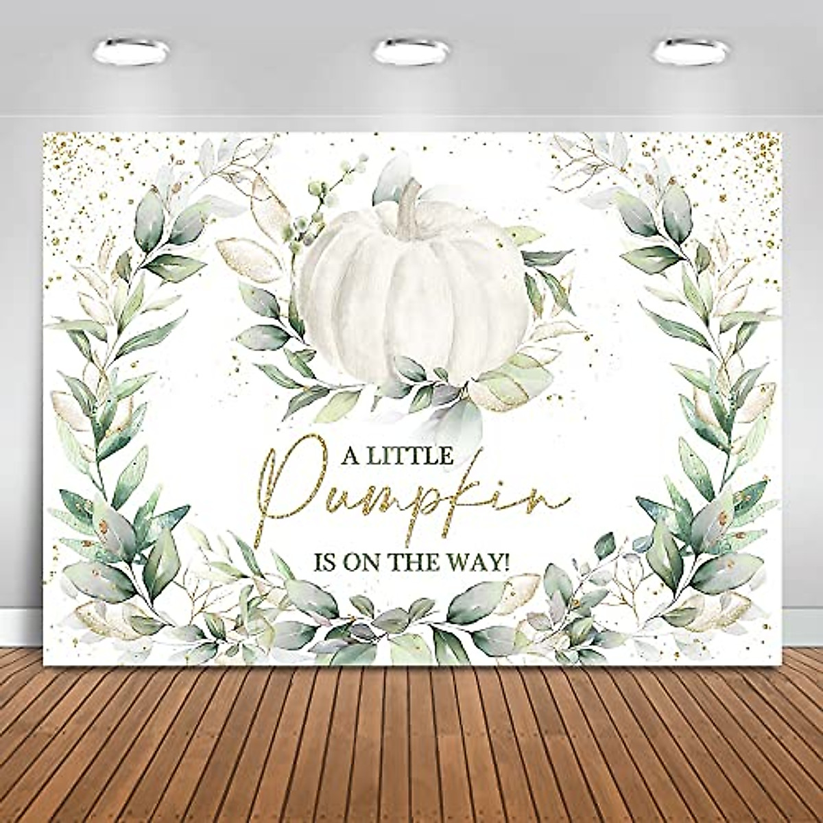 Mocsicka Greenery Gold Pumpkin Baby Shower Backdrop White Pumpkin Baby Shower Background Autumn Fall Baby Shower Party Decorations Banner Photo Studio Props (7x5ft)
