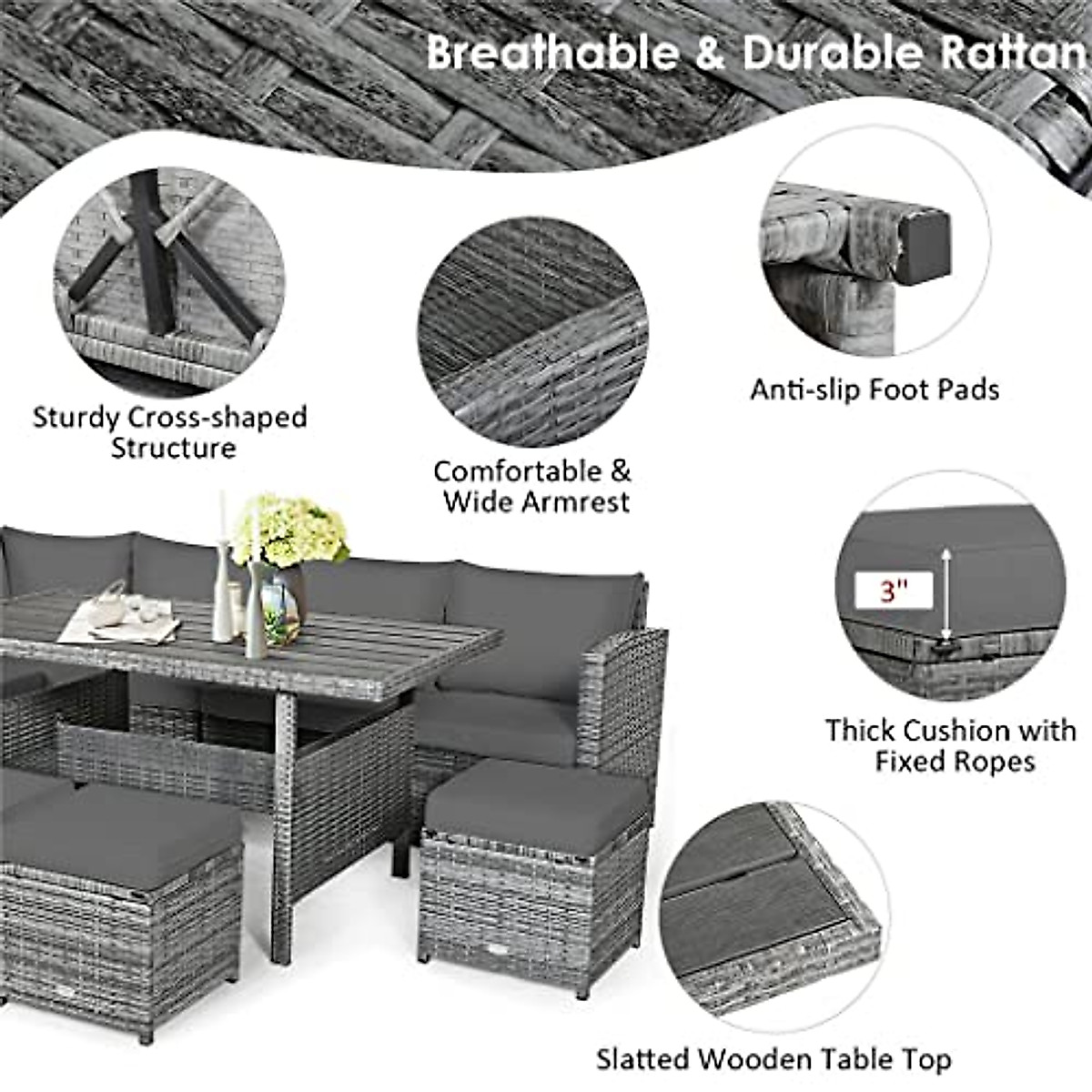 LUKEO 7 PCS Patio Rattan Dining Set Sectional Sofa Couch Ottoman Garden Gray for Yard, Patio, Poolside, Porch, Etc