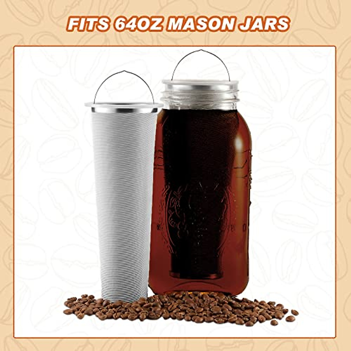 3 Pcs Cold Brew Coffee Filter With Handle 2 Quart Mason Jar Filter Stainless Steel Filter Wide Mouth Filter Coffee Tea Infuser Coffee Strainer Mesh for Cold Brew Coffee Maker Mason Canning Iced Tea