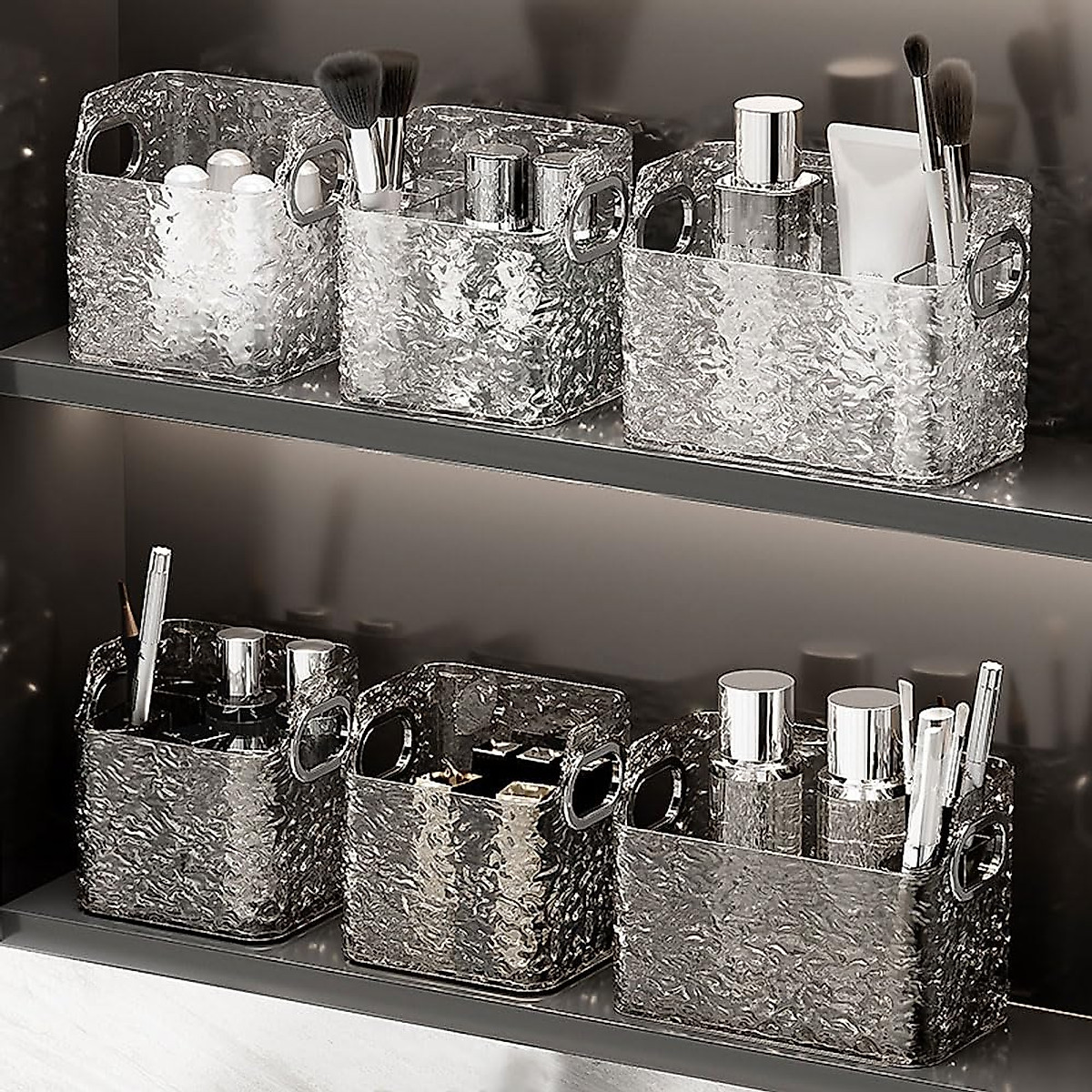 Bathroom Vanity Tray, Makeup Organiser, Skincare Organiser Beauty Caddy Storage Box for Dresser & Bathroom, Decorative Dresser Tray, Vanity Organiser with 1 Movable Inner Case, Clear/Grey