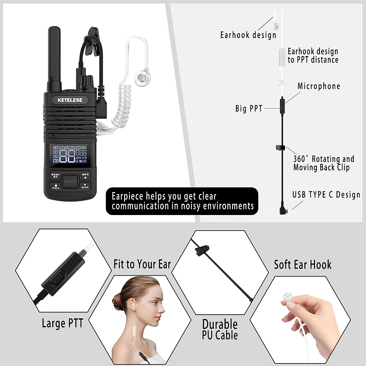 KETELESE T1 Rechargeable Walkie Talkies for Adults Long Range, 22 Channel 2 Way Radios, USB C FRS Walkie-Talkie with Earpiece, NOAA, VOX, Group Call for Hiking, Camping, Hunting (2 Pack), Black