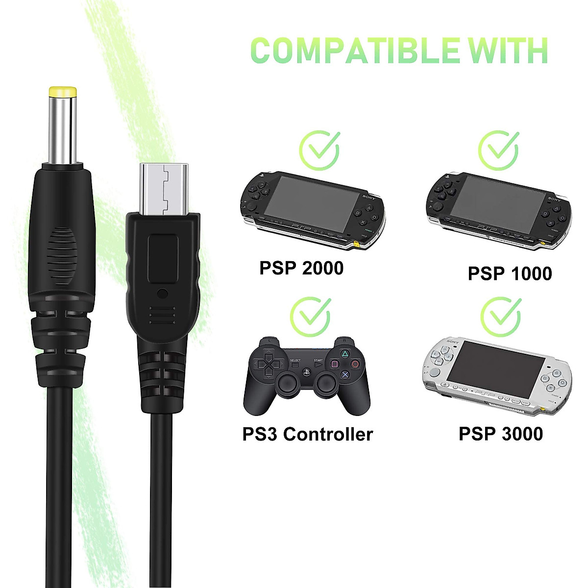 PSP Charger Bundle, 1 Pack Charger and 2 Pack Charging Cable Compatible with Sony PSP-110 PSP-1001 PSP 1000 / PSP Slim & Lite 2000 / PSP 3000 Replacement