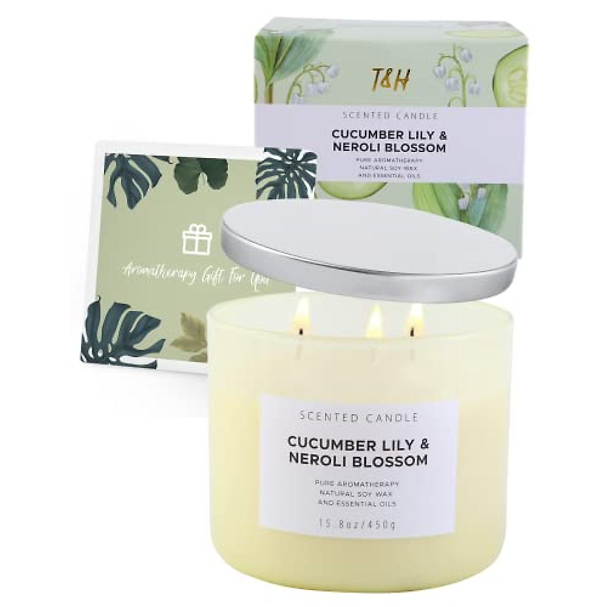 Cucumber, Lily of The Valley & Neroli Blossom Luxury 3-Wick Candle | Large Scented Candles for Home 15.8 oz | Relaxing Aromatherapy Stress Relief Candles | Natural Soy Candles for Women & Men