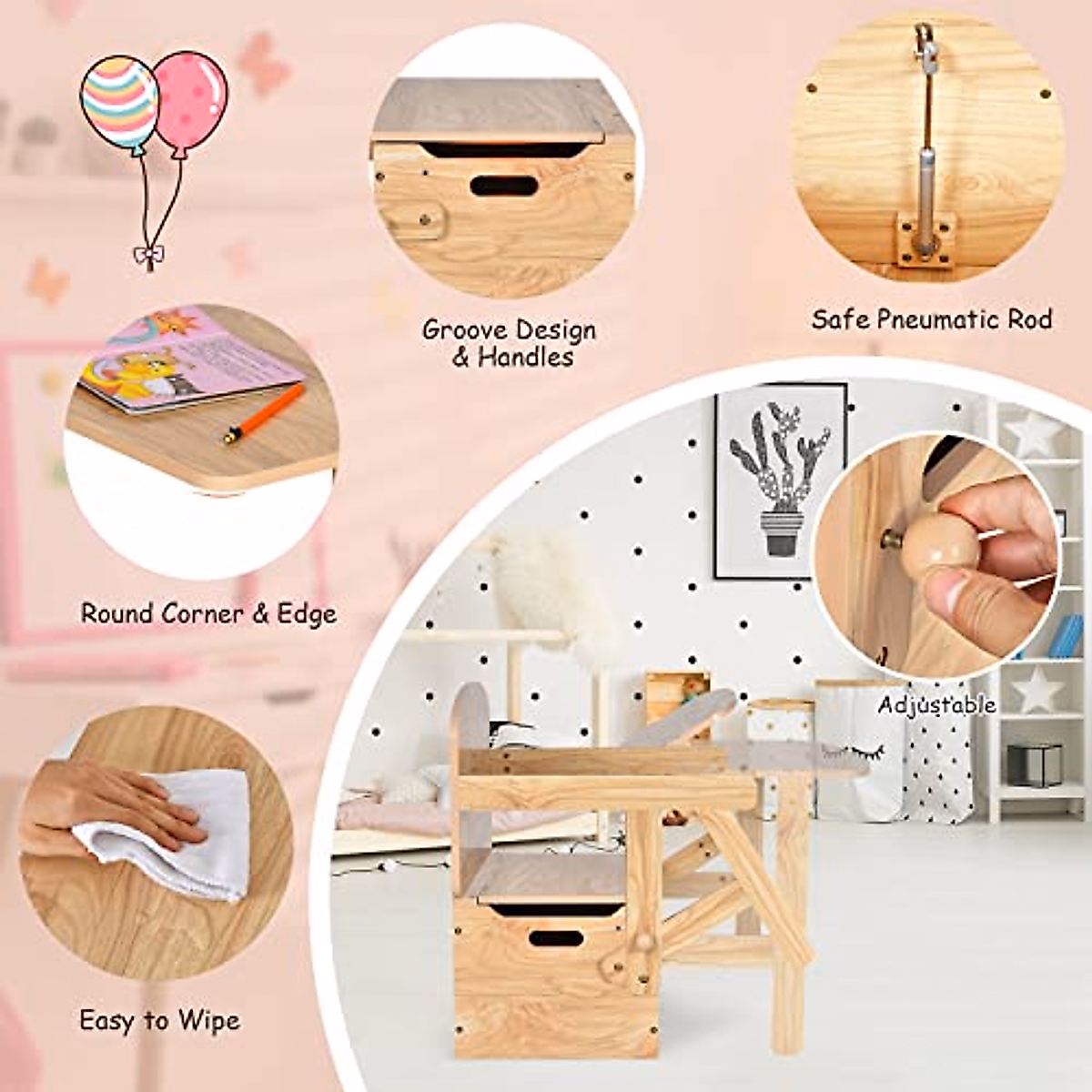 HONEY JOY Kids Table and Chair Set, 3-in-1 Convertible Wooden Toy Storage Bench with Handle, Toddler Furniture Set for Daycare Playroom, Gift for Boys Girls 3+ (Natural)