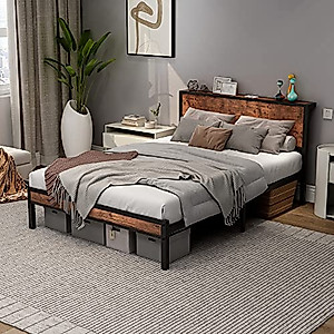 DUMEE Full Size Bed Frame with Wood Storage Headboard, Metal Platform Bed Frames Full, No Box Spring Needed, Noise Free, Reinforced Strong Support Leg, Textured Black&Brown Oak
