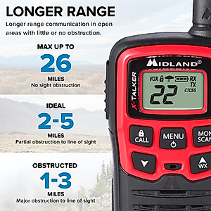 Midland® - T31VP - X Talker - 22 Channel FRS Walkie Talkies - Extended Range Two-Way Radios, 38 Privacy Codes, & NOAA Weather Alert - Set of 2 - Black/Red