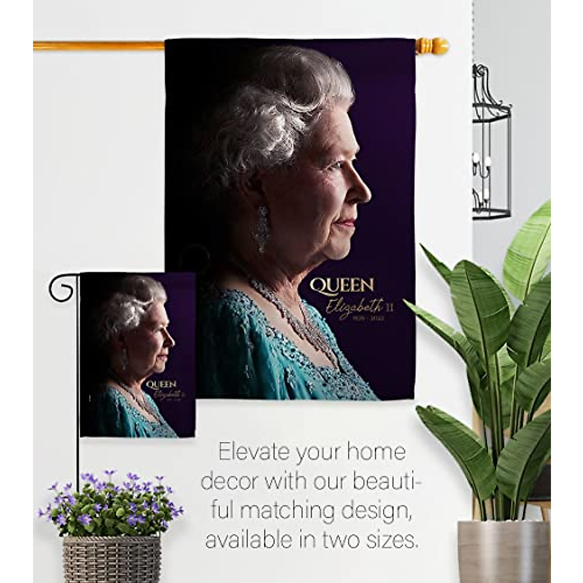 Queen Elizabeth II Flag - Set Wood Dowel Sweet Life Sympathy Remembrance Memorial Bereavement Love Support Emotion Postive - House Banner Small Yard Gift Double-Sided Made In USA 13 X 18.5