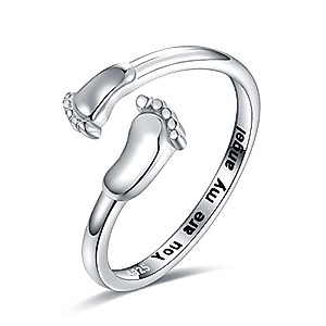 WOUOVO Adjustable Mom and Baby Feet Ring 925 Sterling Silver Engraved You Are My Angle,Miscarriage Mother's Love, Christmas Adjustable Open Ring Gifts for Women Daughter